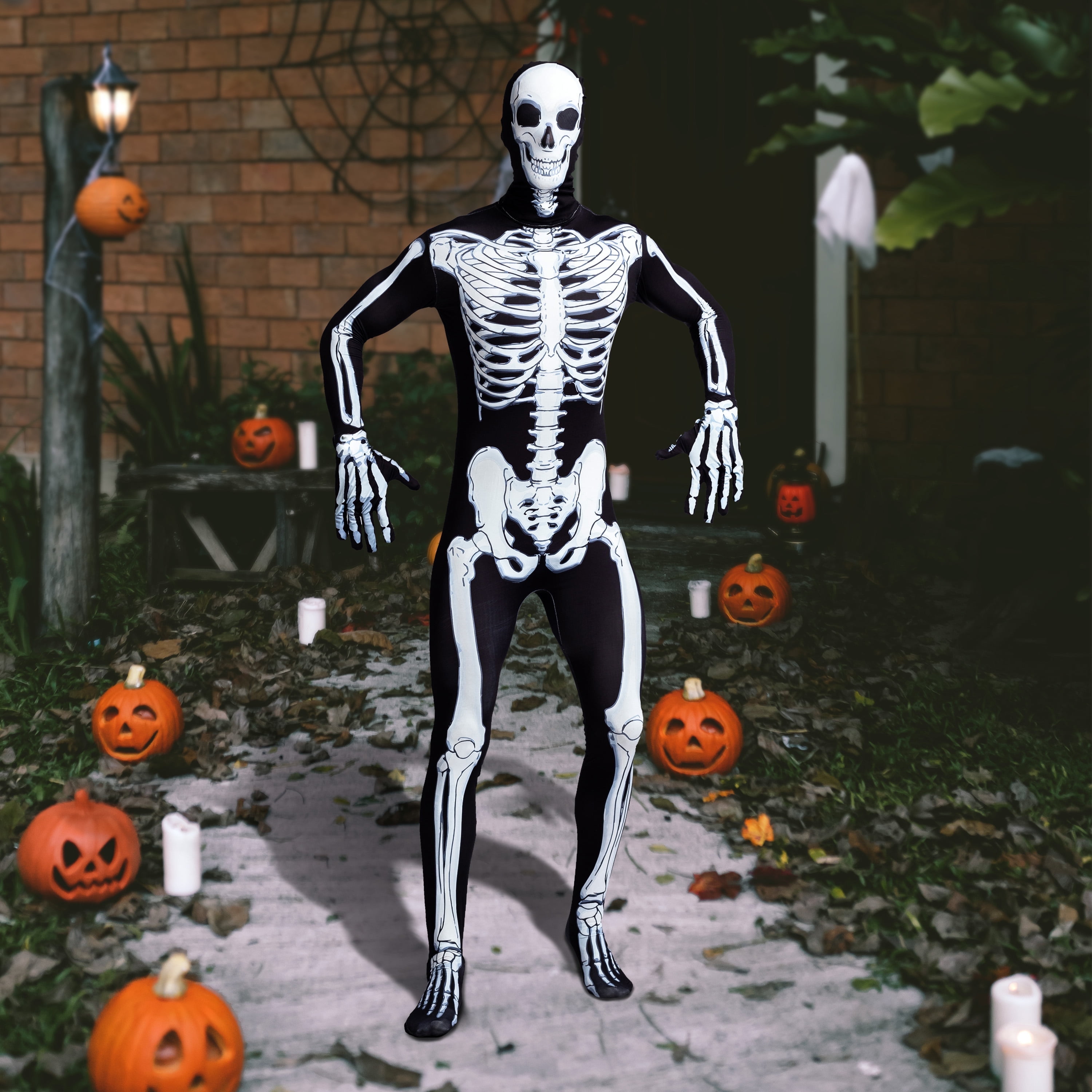 Joyfy Skeleton Costume for Adult, Skeleton Bone Bodysuit Halloween ...