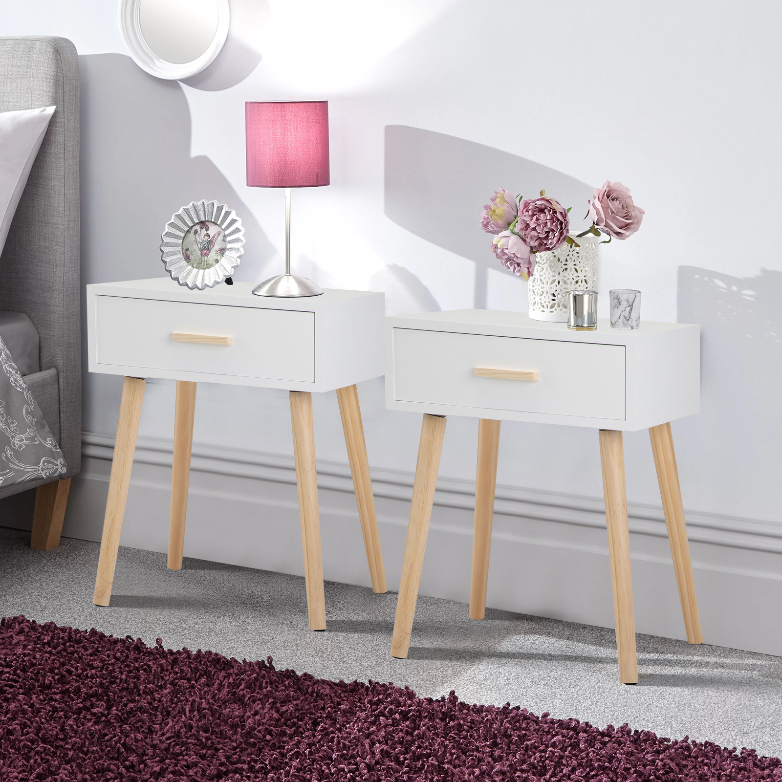 SYNGAR 2 Pieces Side Tables for Bedroom, White Nightstand High Foot ...