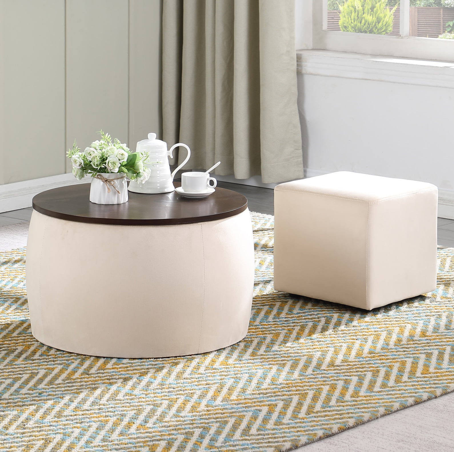 SYNGAR 2 in 1 Storage Ottoman with Tray, Round Ottoman Coffee Table ...