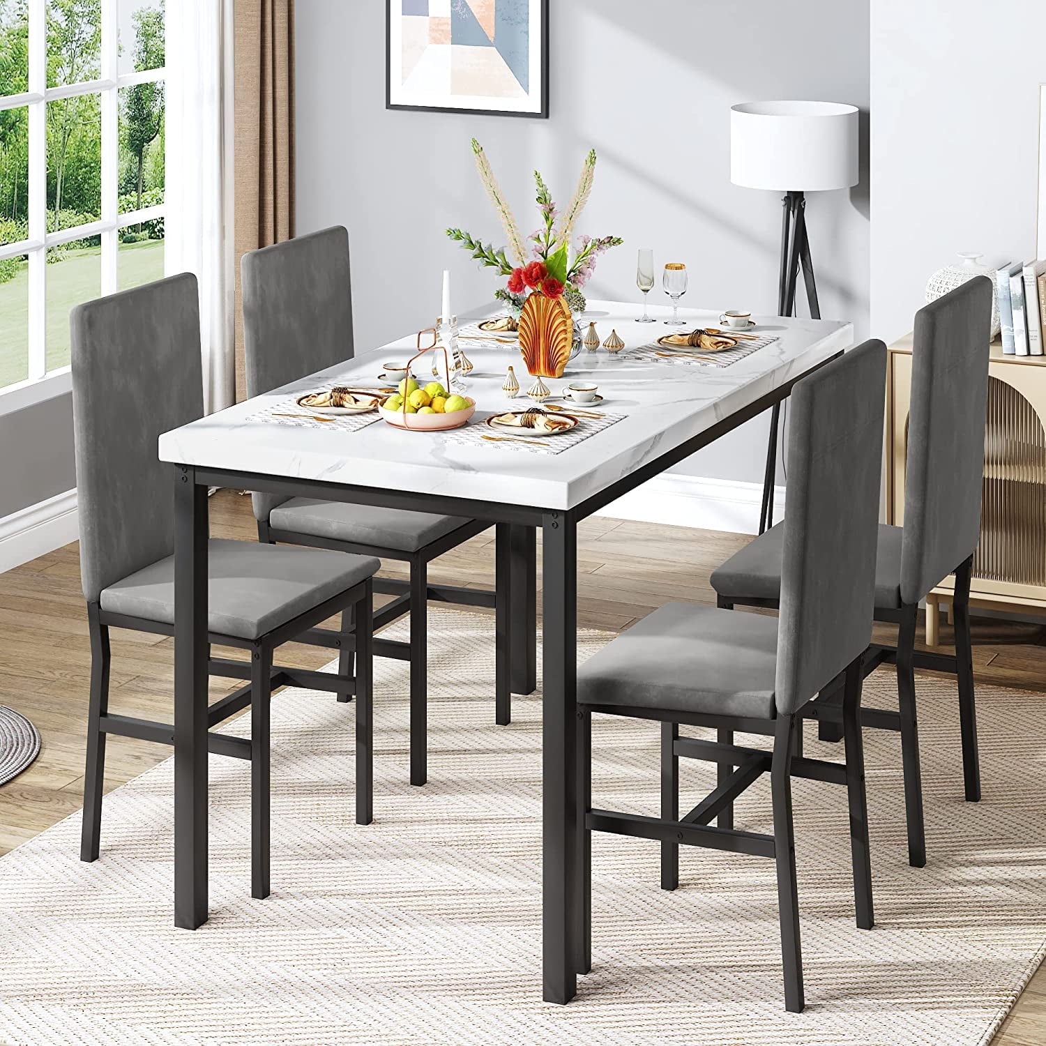 5-Piece Modern Marble Dining Table and PU Leather Upholstered Chairs ...