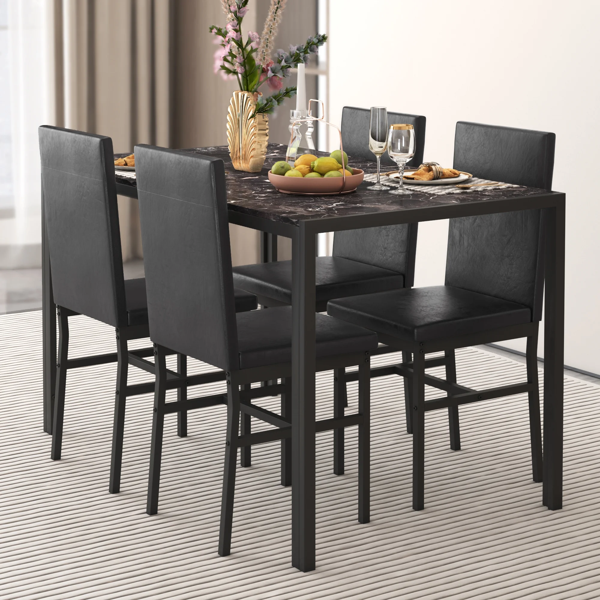 5-Piece Modern Marble Dining Table and PU Leather Upholstered Chairs ...