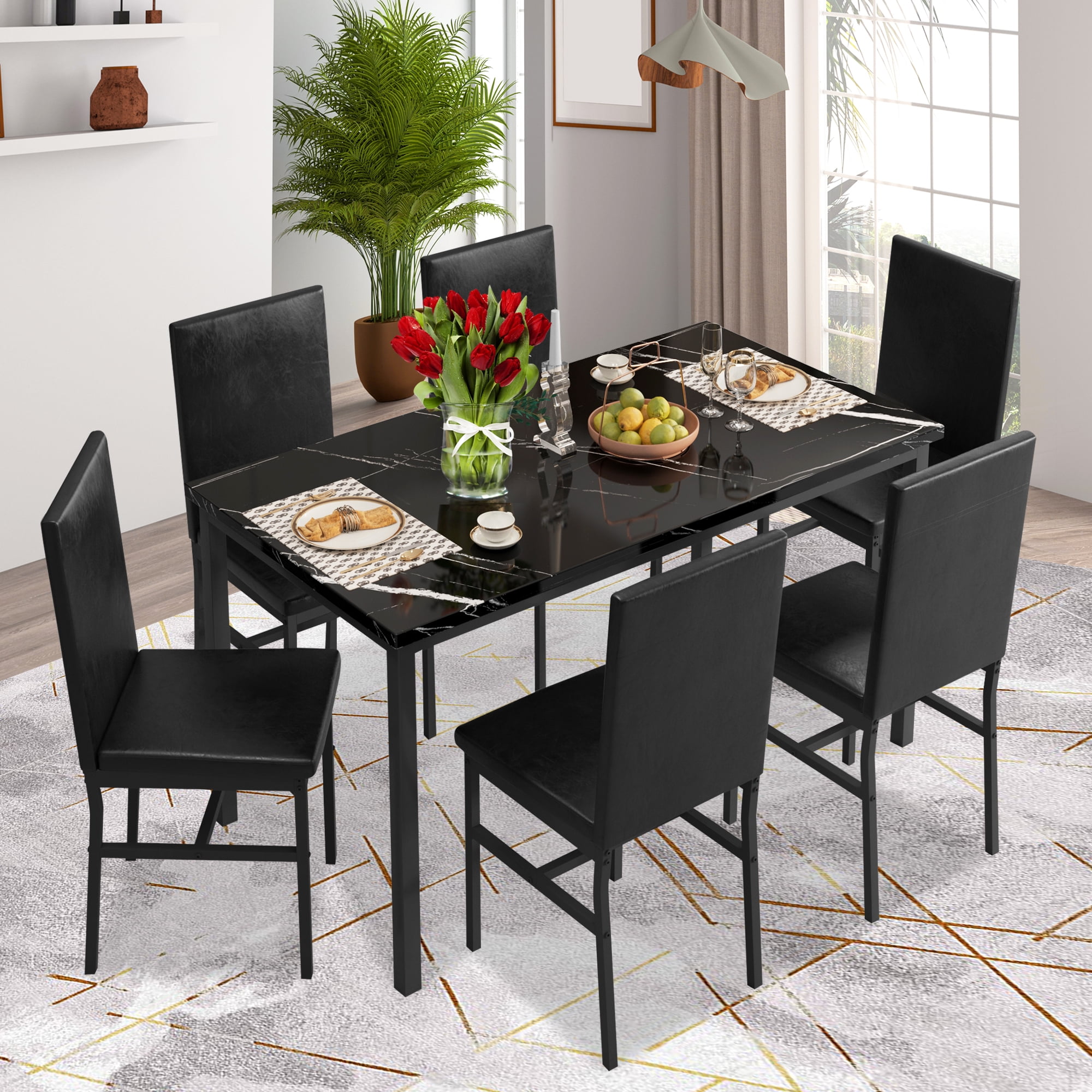 SYNGAR 7-Piece Dining Set, Faux Marble Top, 6 PU Leather Chairs, for ...