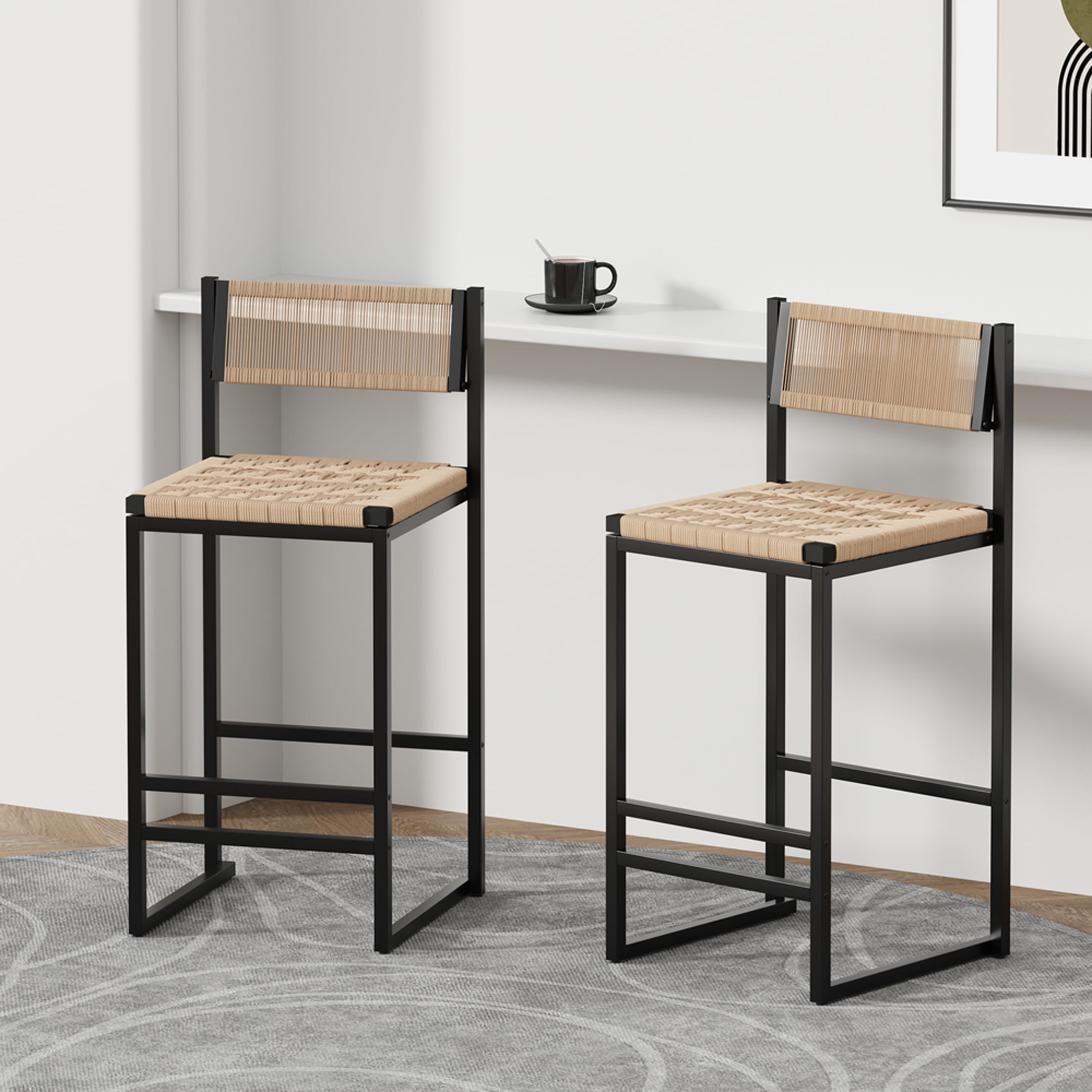 SYNGAR Bar Stools with Back Sets of 2, Woven Bar Chair with Metal Legs ...