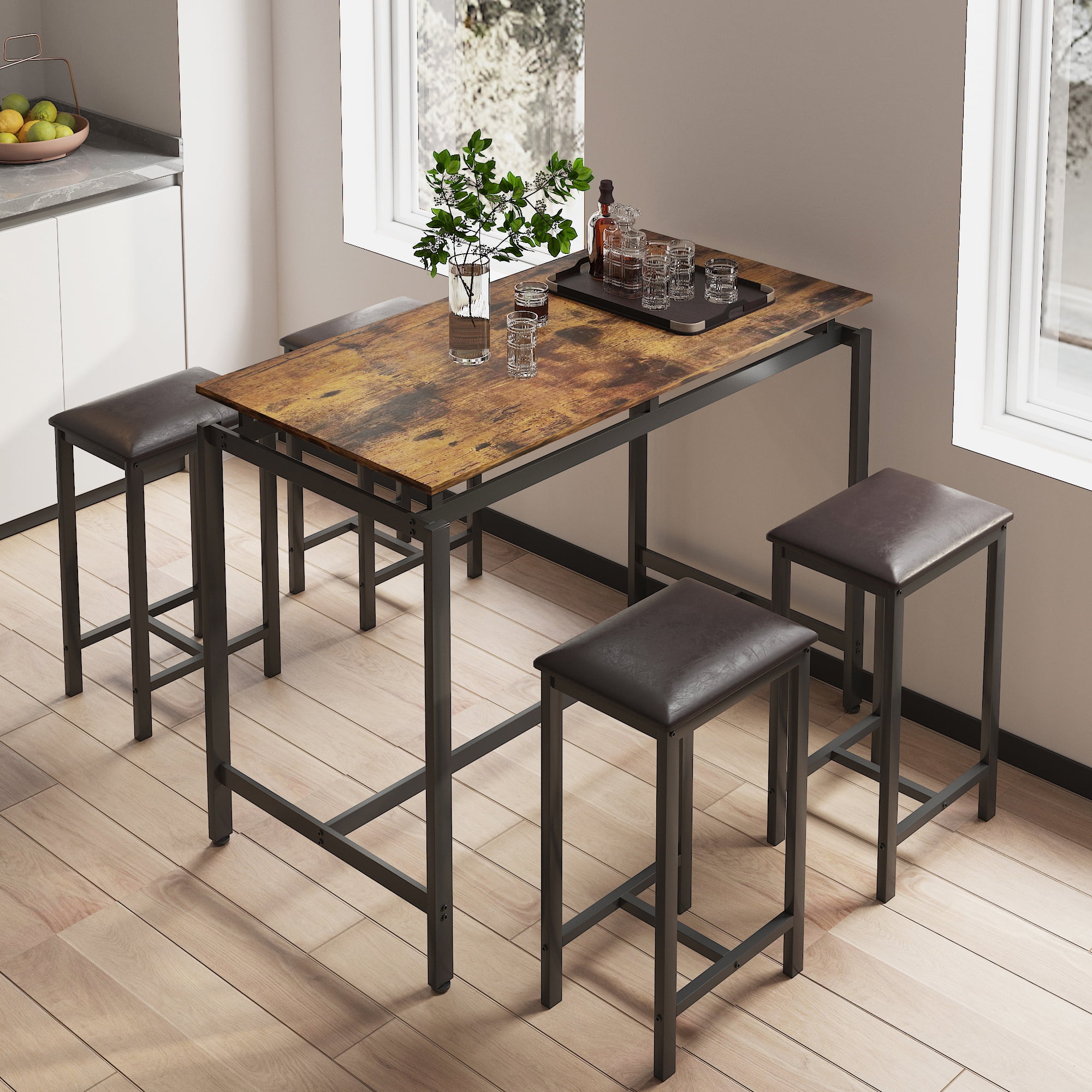 SYNGAR Bar Table Set with 4 Rectangular Cushioned Stools, 5 Pieces ...