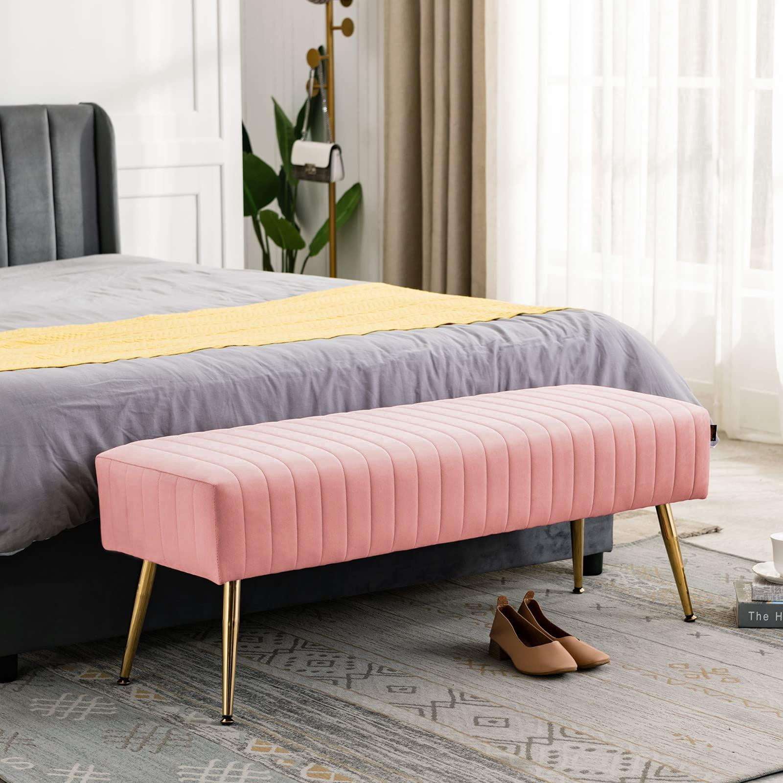 SYNGAR Beige Fabric Bench, Button-Tufted Upholstered Bench for Bedroom ...