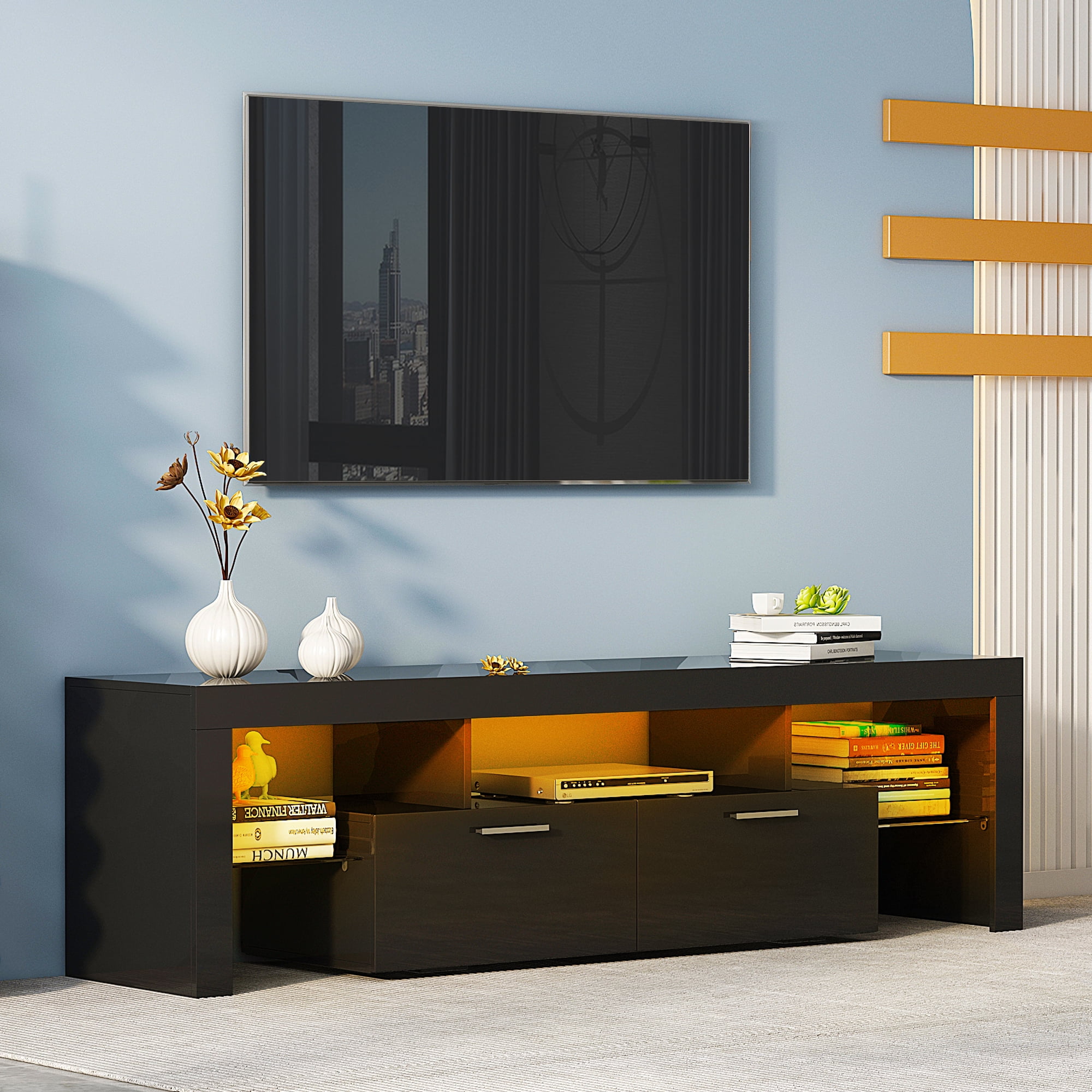 SYNGAR Black TV Stand for 80 inch TV, Modern High Glossy Television ...