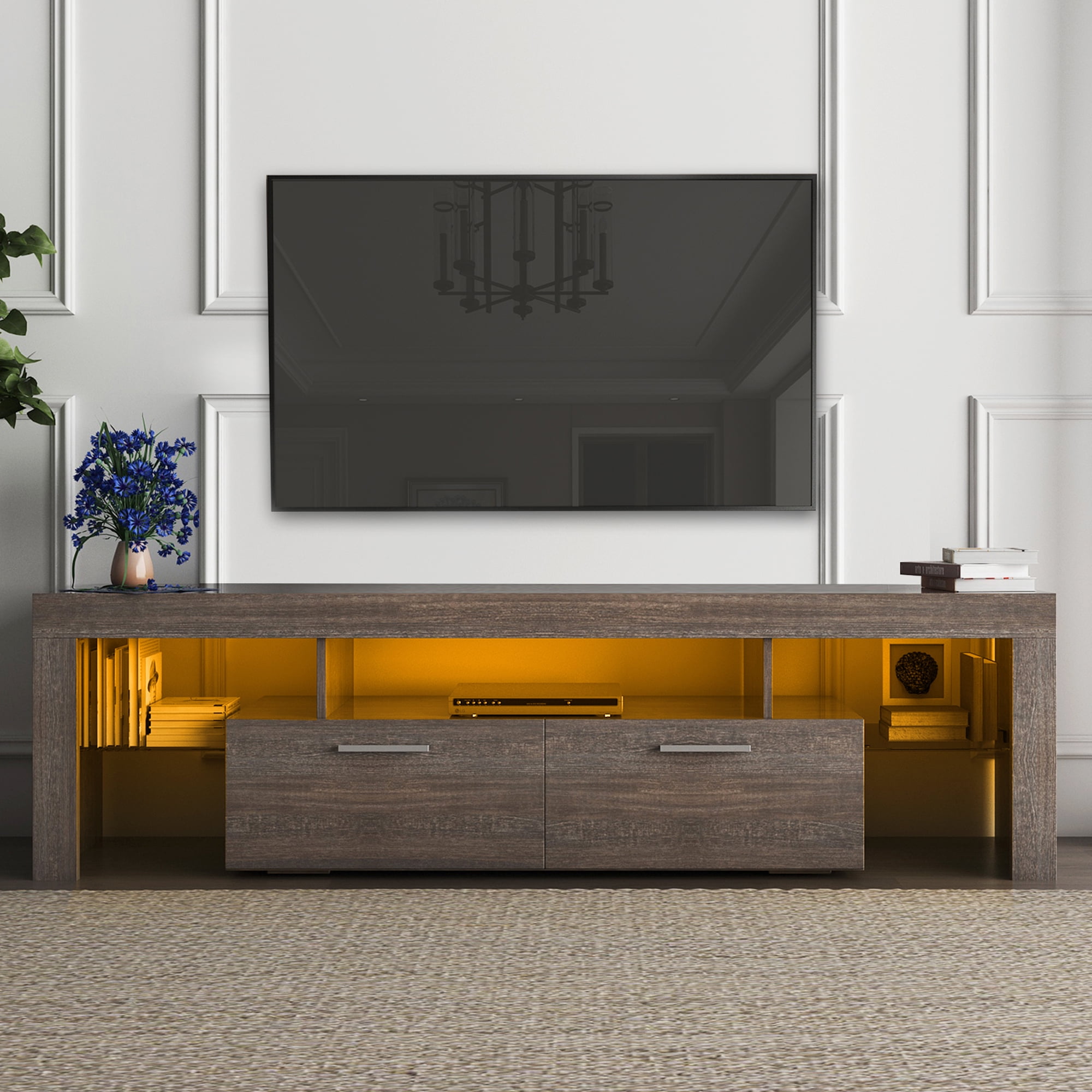 SYNGAR Brown 70 inch TV Stand, Rustic Wooden Console with 16-Color LED ...