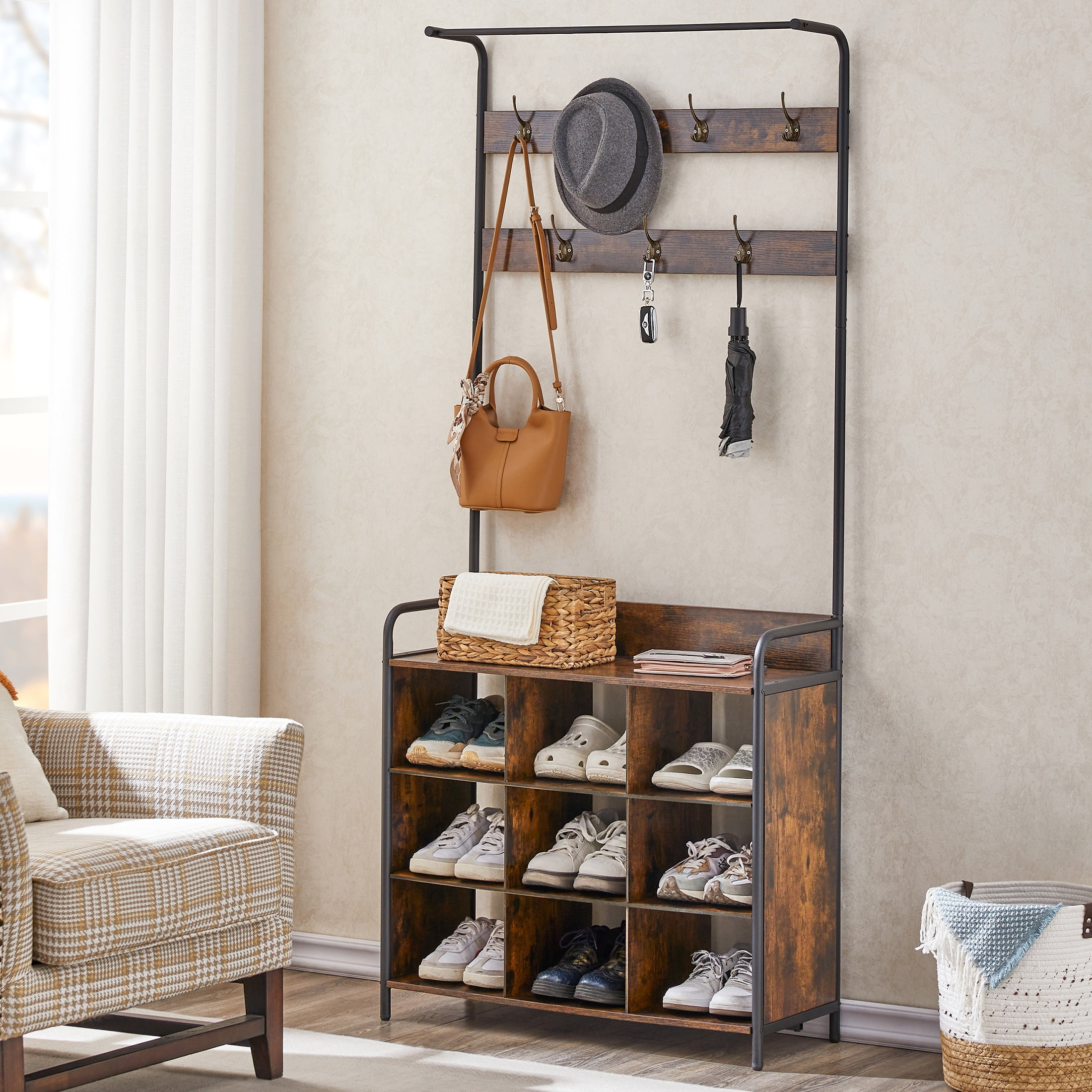 3-in-1 Shoe Rack Coat Rack Hanging Rod Sets for Entryway, SYNGAR 3-Tier ...