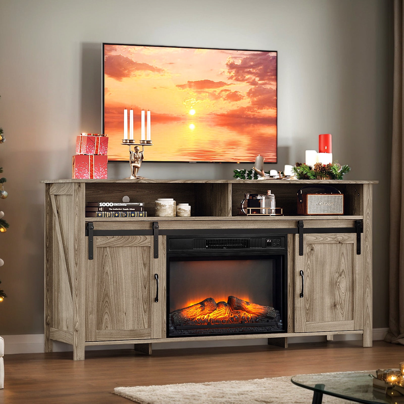 SYNGAR Farmhouse Fireplace TV Stand for TVs up to 70" with 23" Electric ...