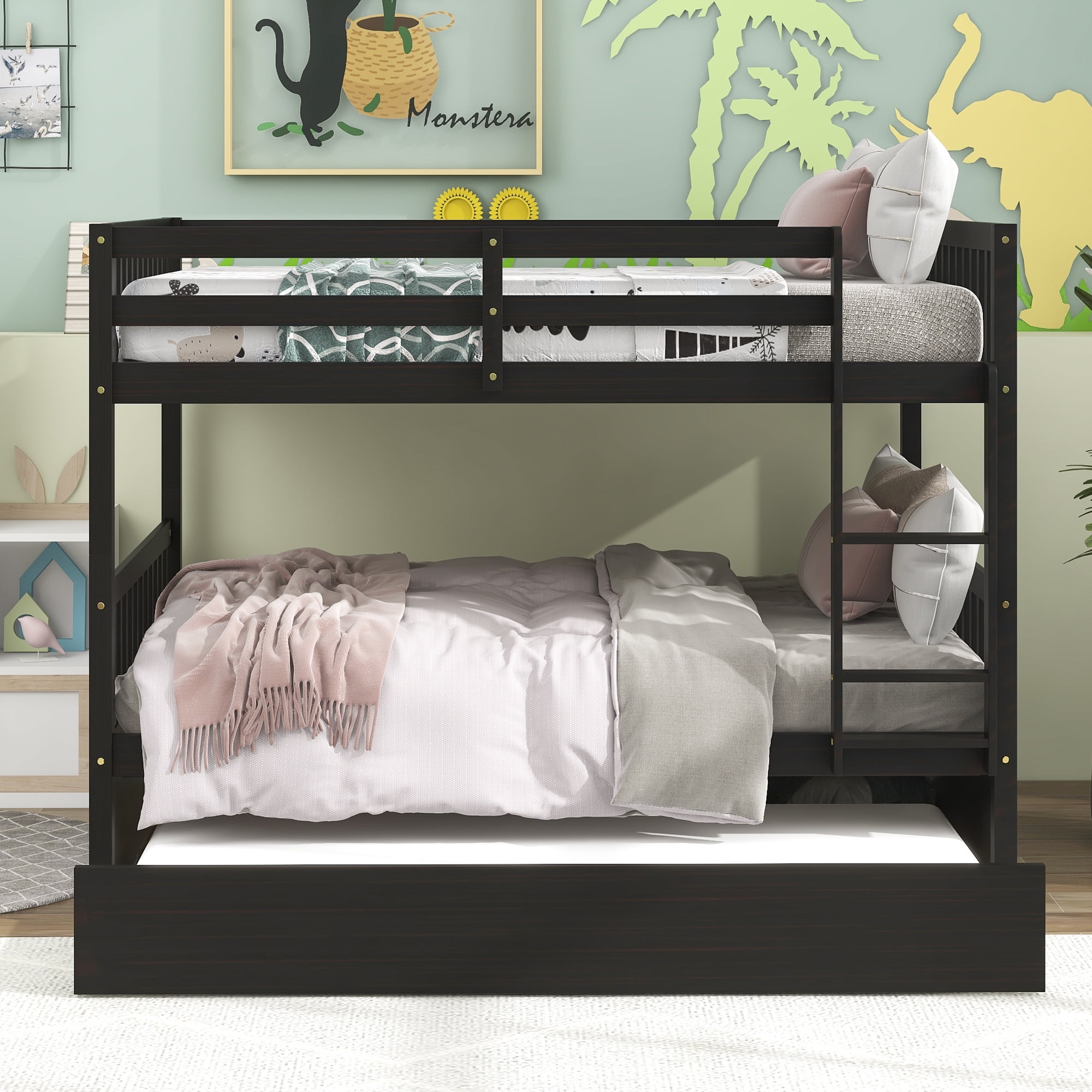 SYNGAR Full over Full Bunk Bed with Trundle, Triple Bunk Bed Frame Full ...