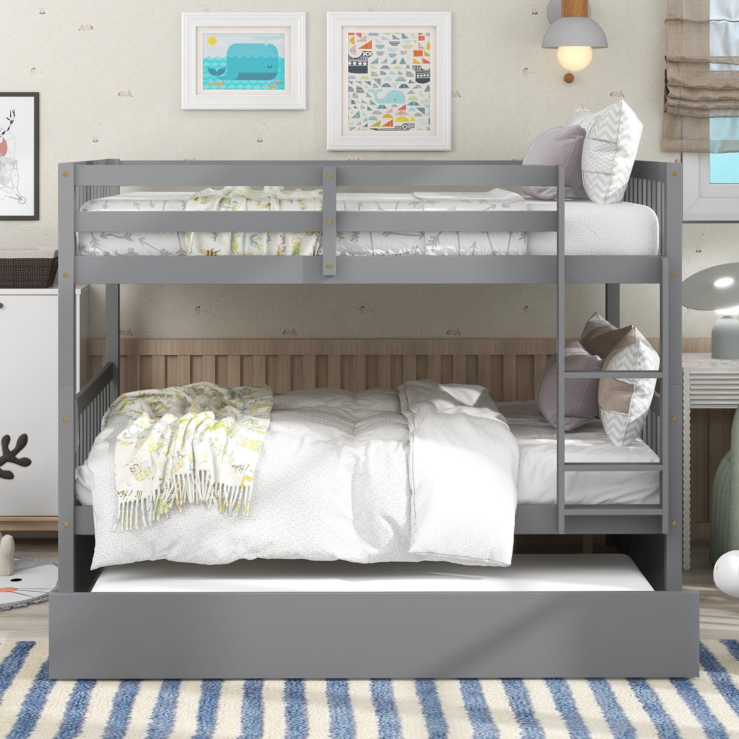 SYNGAR Full over Full Bunk Bed with Trundle, Triple Bunk Bed Frame Full ...