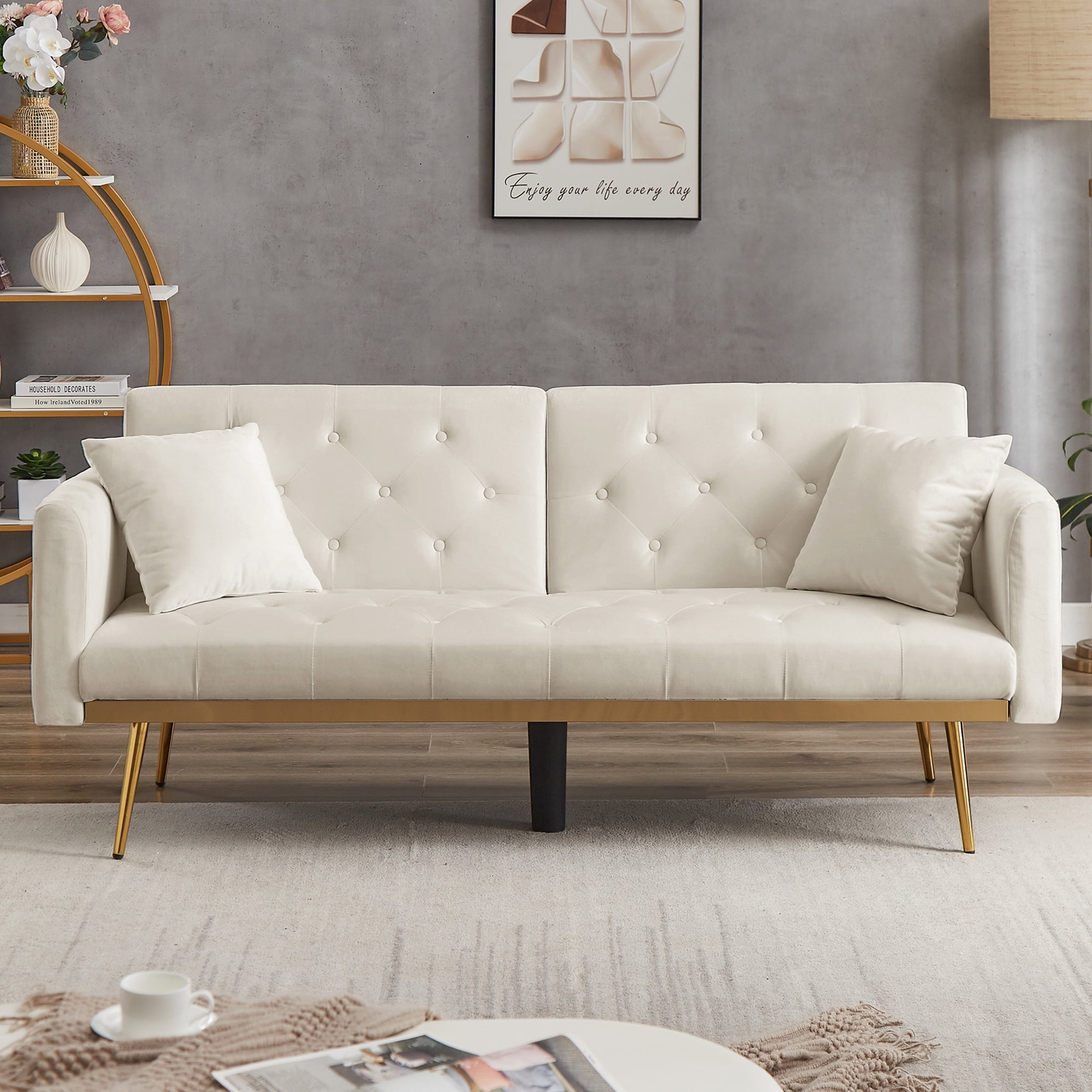 SYNGAR Futon Sofa Bed, Mid Century Velvet Futon Sofa with Gold Metal ...