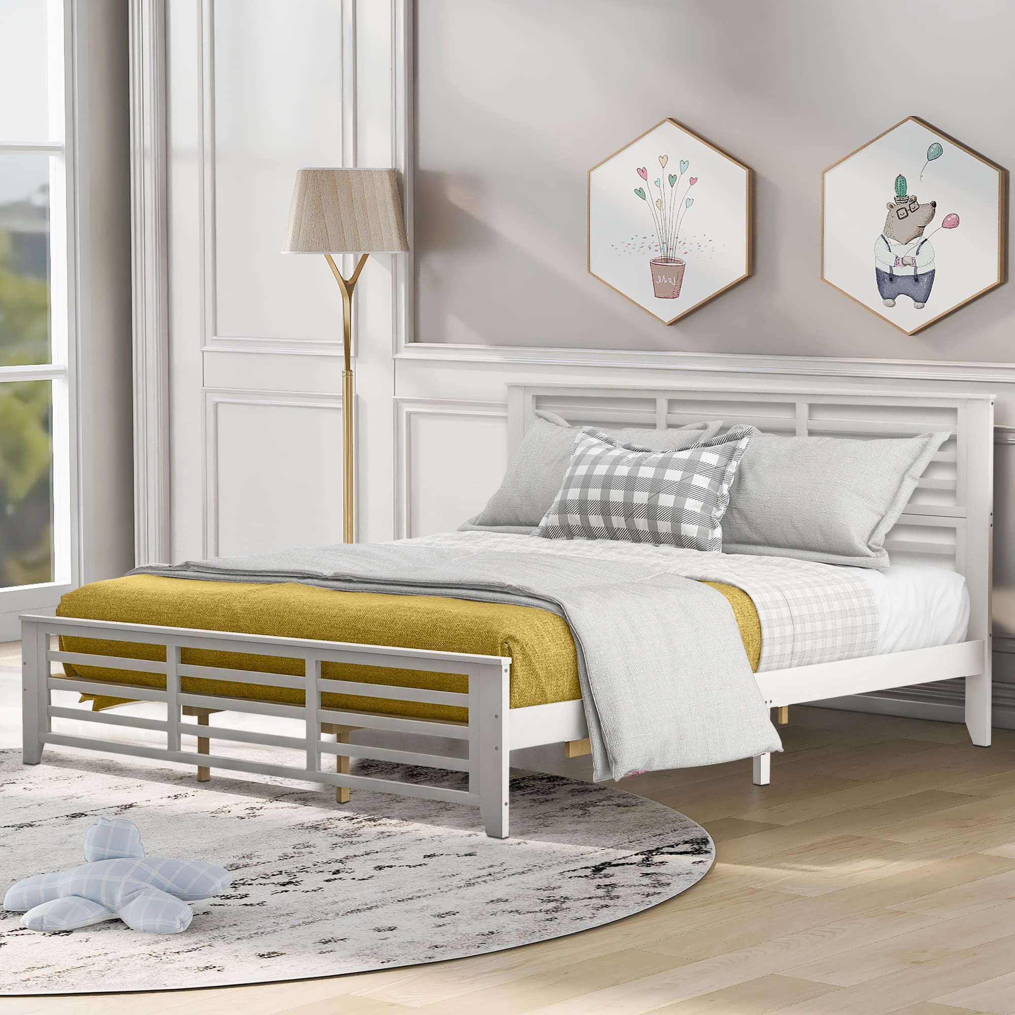 Syngar King Bed Frame, Solid Wood Platform with Headboard, 400lbs ...