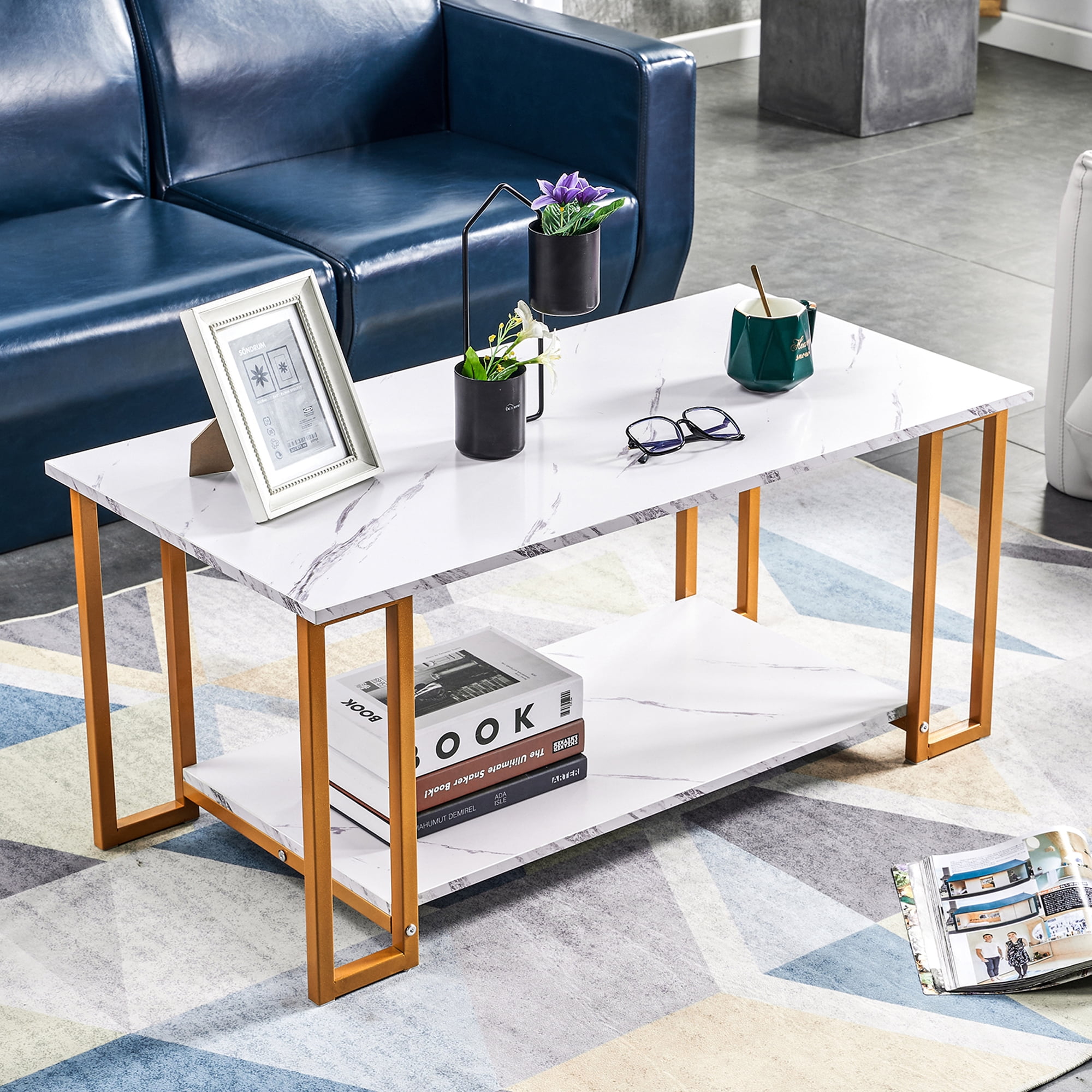 SYNGAR Living Room Coffee Tables, Modern 2 Layers Cocktail Table End ...