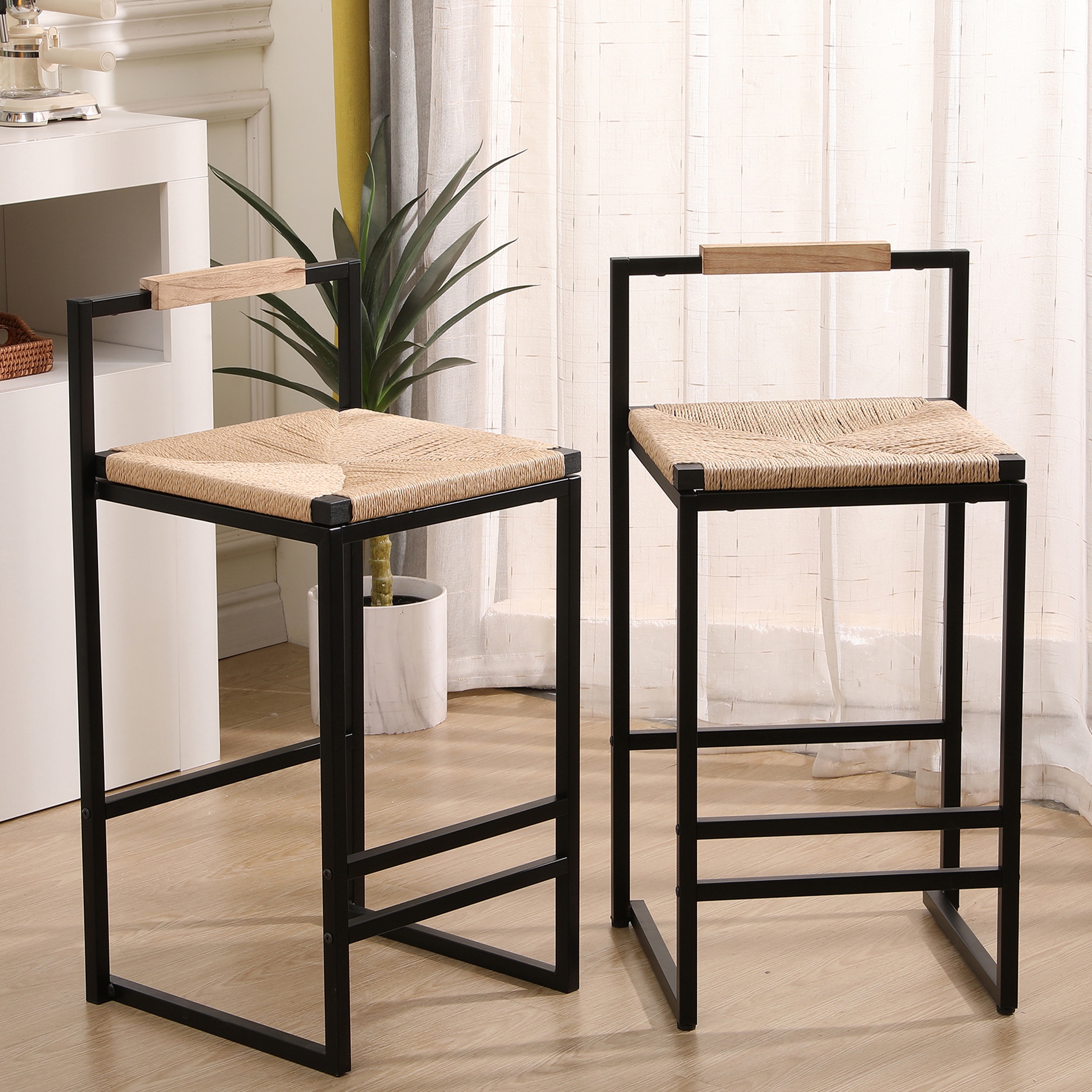 DecMode Wood Indoor Outdoor Woven Rope Bar Stool with Polyester ...