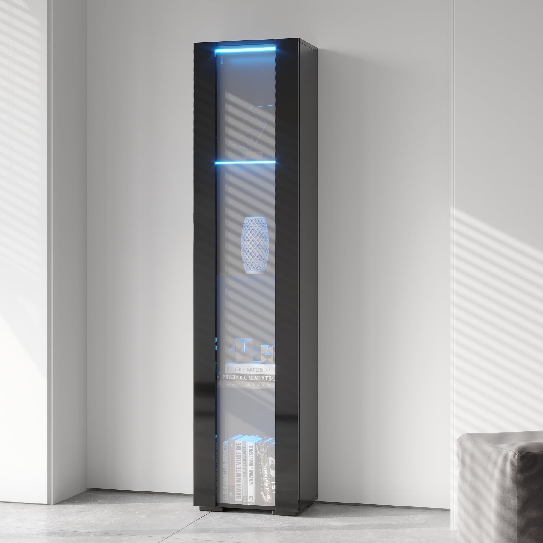 SYNGAR Modern Cabinet, Tall Cabinet with LED Light, Display Cabinet ...