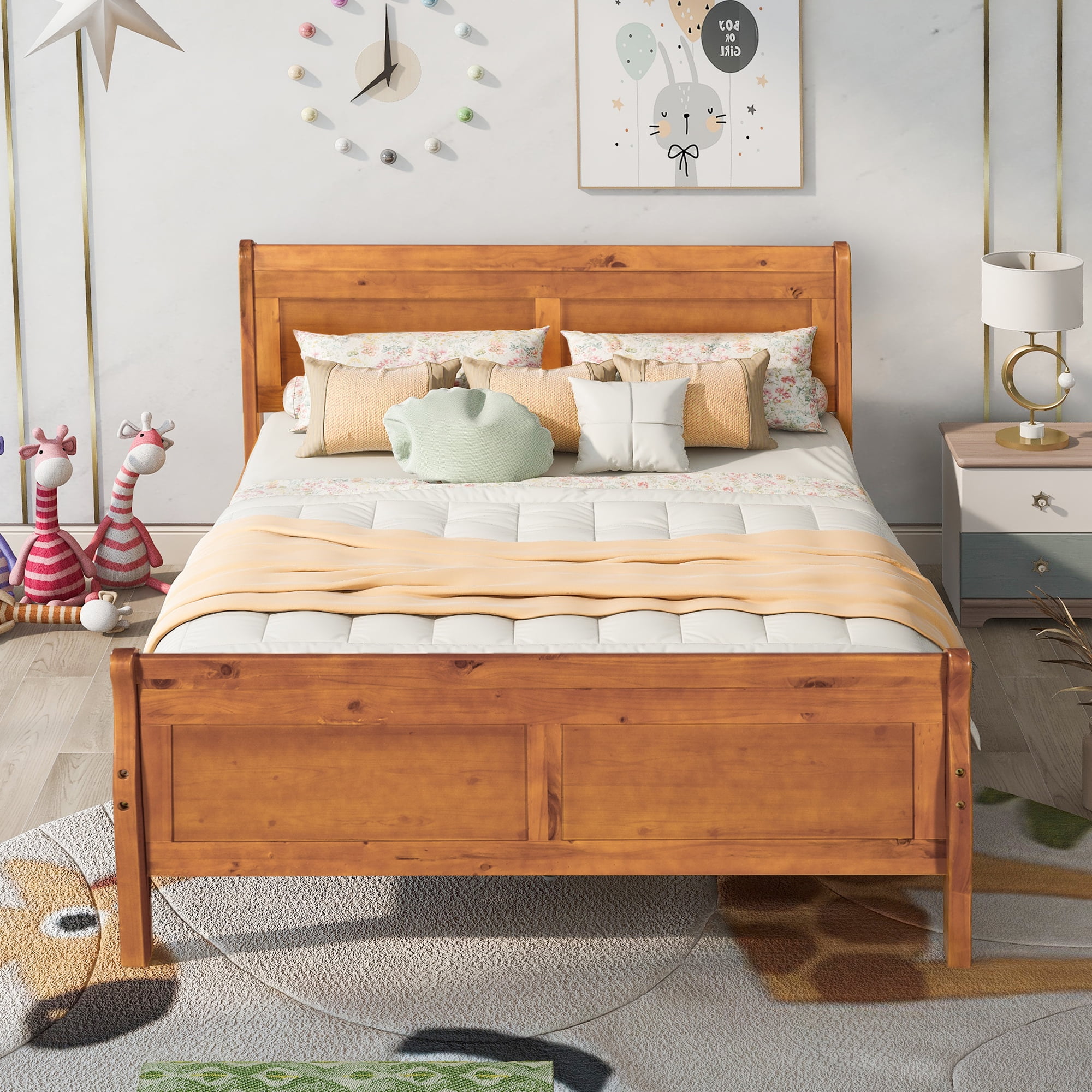SYNGAR Oak Solid Wood Full Bed Frame with Headboard and Footboard, No ...