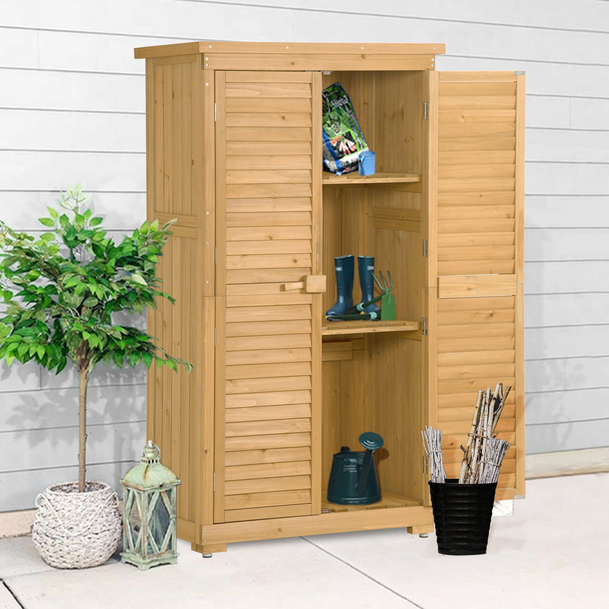SYNGAR Outdoor Storage Cabinet, Wood Garden Storage Shed with 3-Tier ...