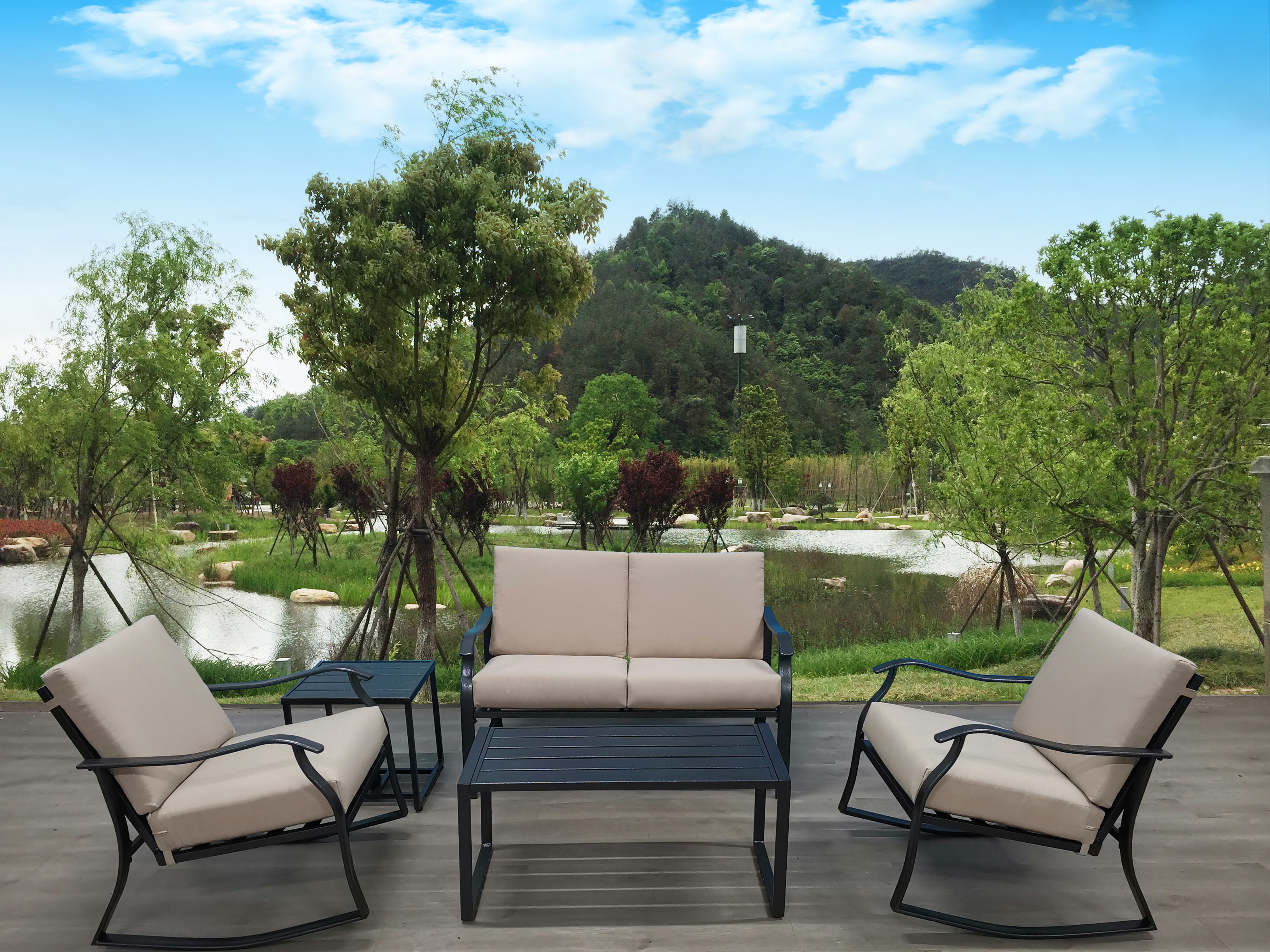 SYNGAR Patio Set with 2 Rocking Chairs, 5PCS Anti-rust Metal Outdoor ...