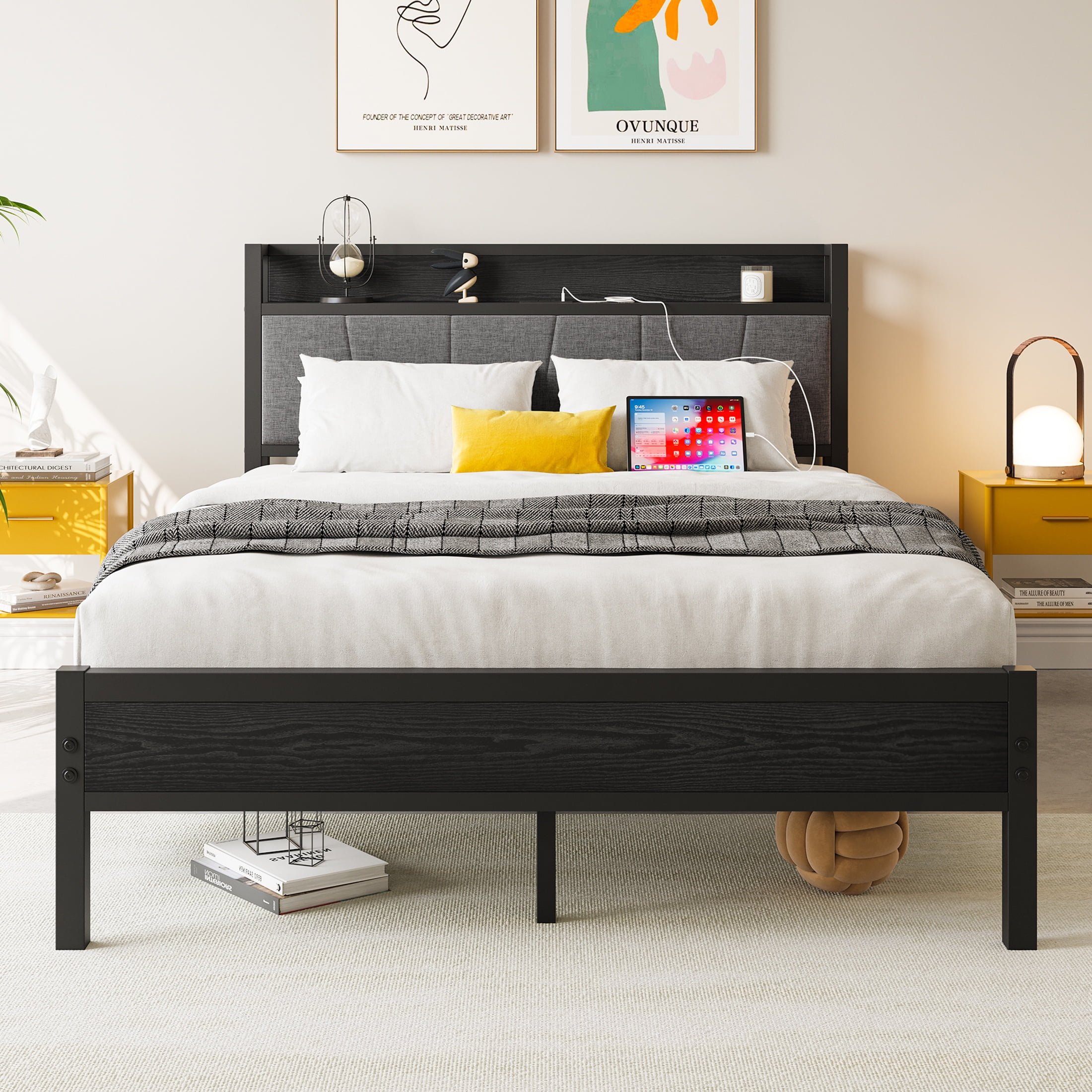 SYNGAR Platform Bed Frame Full Size with Storage Headboard, 2 Charging ...