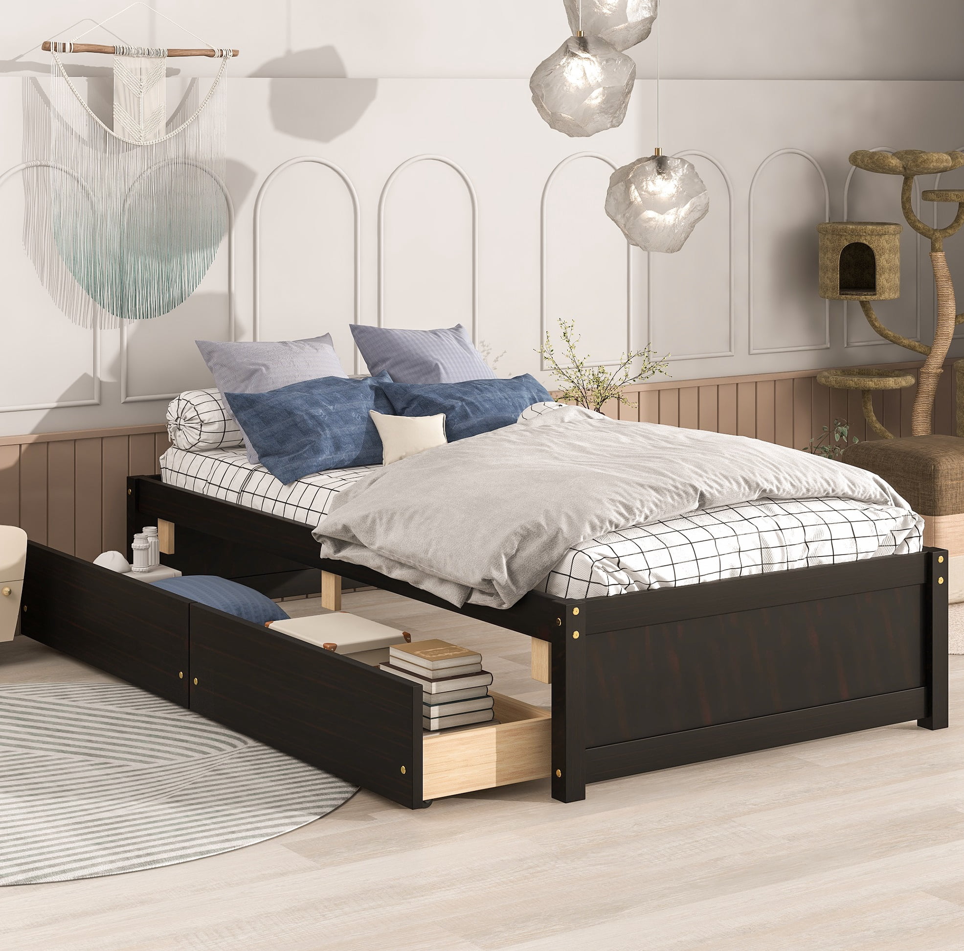 SYNGAR Twin Platform Bed Frame with Storage Drawers, Espresso Twin Size ...