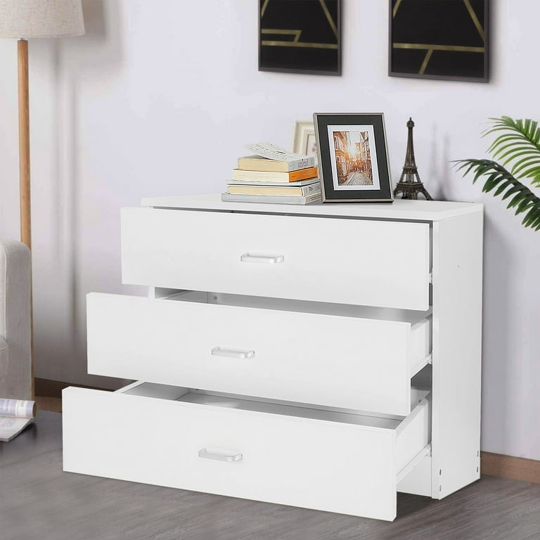 PAPROOS White 3 Drawer Dresser Chest of Drawers for Bedroom Modern Storage Cabinet Dresser Organizer Unit with Handle for Living Room Closet