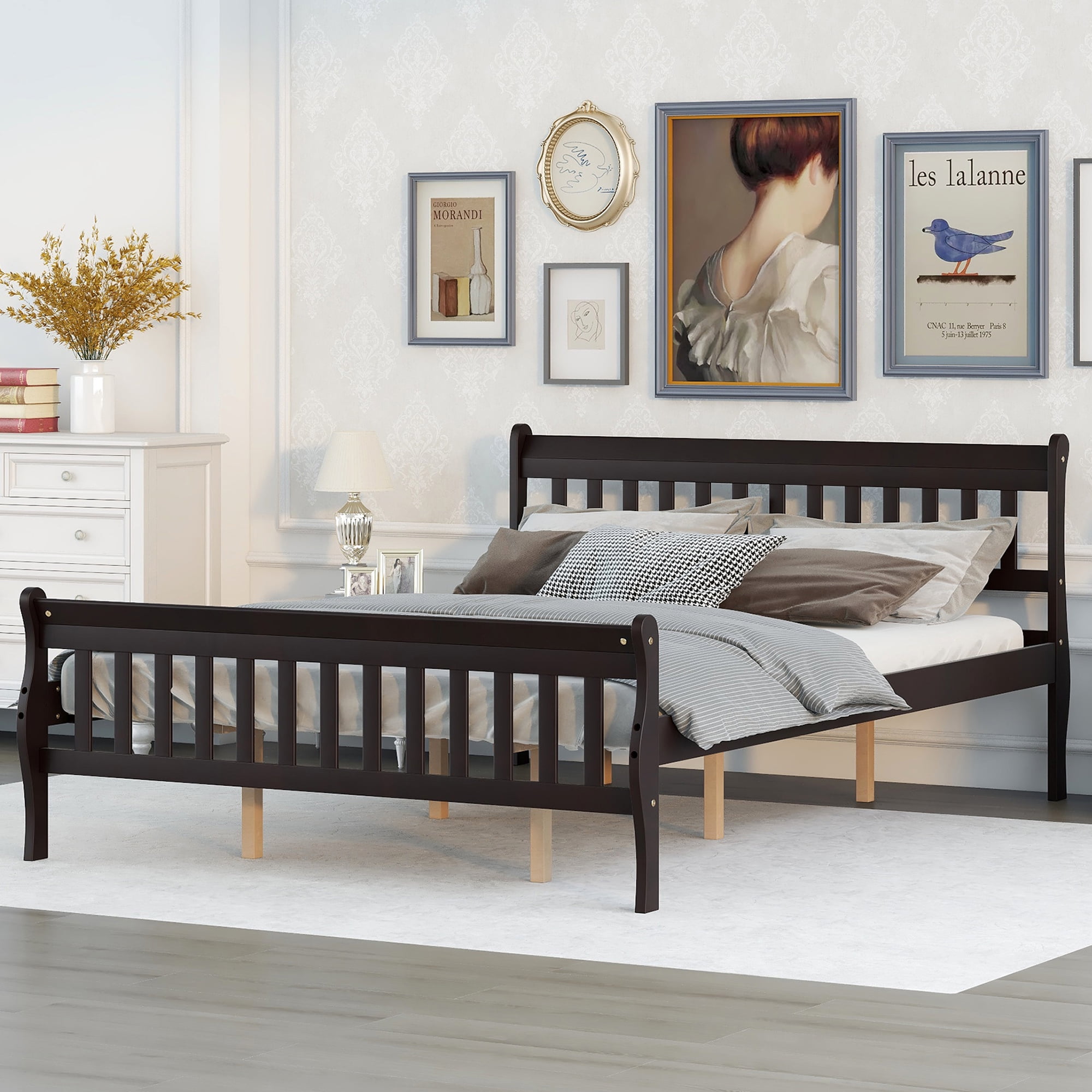 SYNGAR Wood Queen Bed Frame with Headboard and Footboard, Mid Century ...