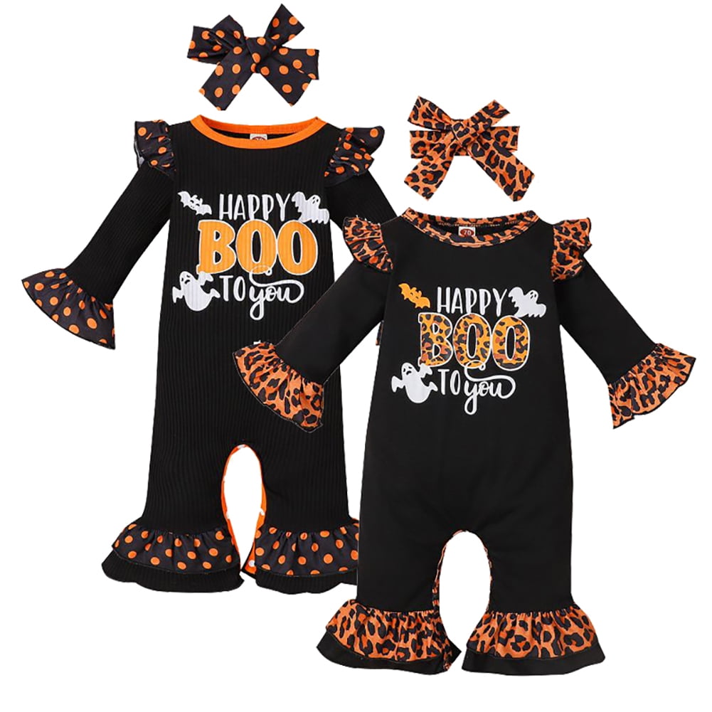 SYNPOS 0-12M Newborn Baby Girl Halloween Outfits Long Sleeve Ruffle Romper Letter Flares ...