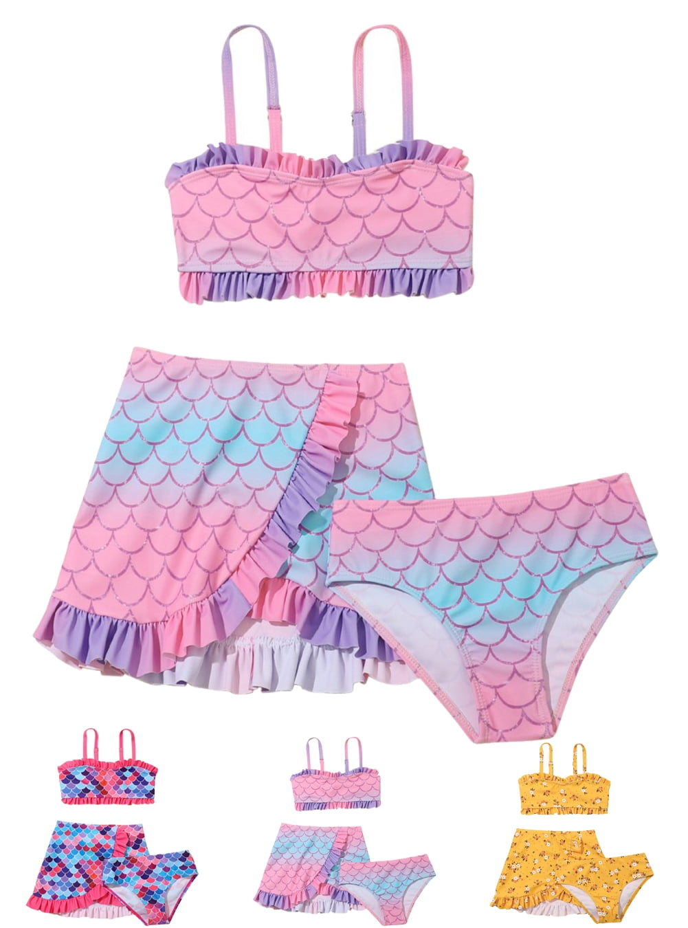 SYNPOS 2-10T Girls 3-Piece Bikini Swimwear Kids Mermaid Tankini Bathing ...