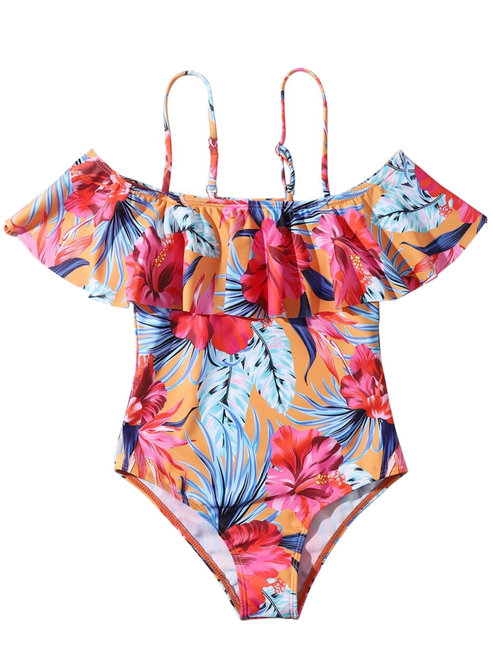 SYNPOS Girl One Piece Swimsuit Beach Swimwear Ruffle Off Shoulder ...