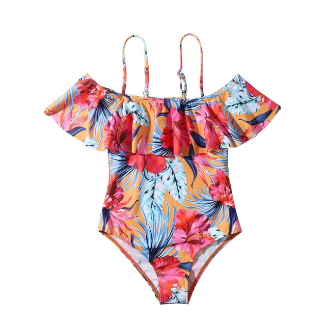 SYNPOS Girl One Piece Swimsuit Beach Swimwear Ruffle Off Shoulder ...
