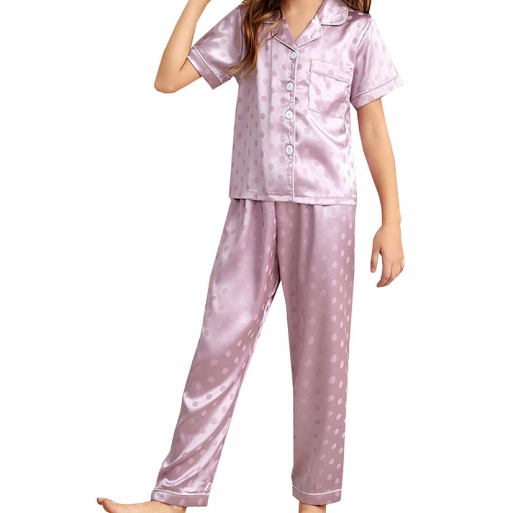 SYNPOS Kid Girls Silk Satin Pajamas Set Button-Down PJs Sets Two-Piece ...