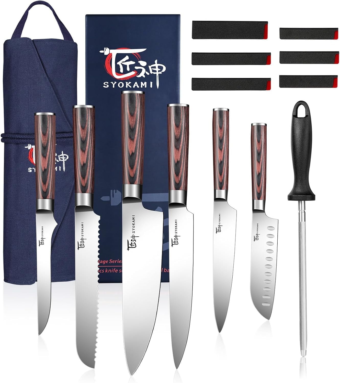 SYOKAMI Chef Knife Set, 14 PCS Japanese Kitchen Knife Set with Roll Bag ...