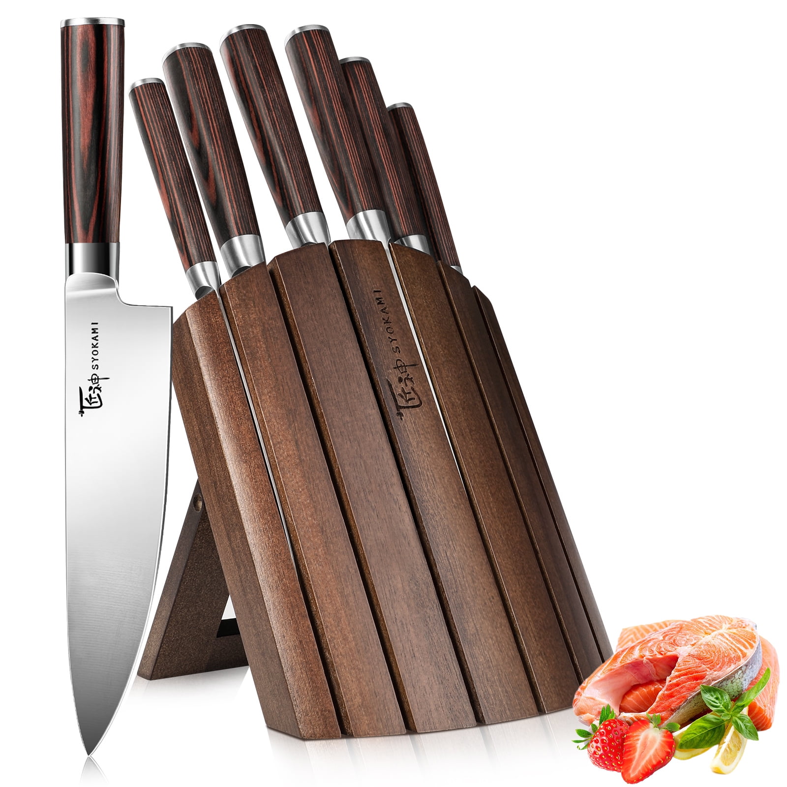 SYOKAMI Foldable Knife Block Set, 7 Piece Kitchen Magnetic Knives Set ...