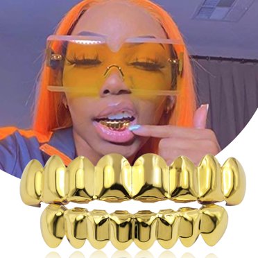 LNGOOR 18K Gold Plated Grillz, Iced Out Hip Hop Poker Diamond Grills ...