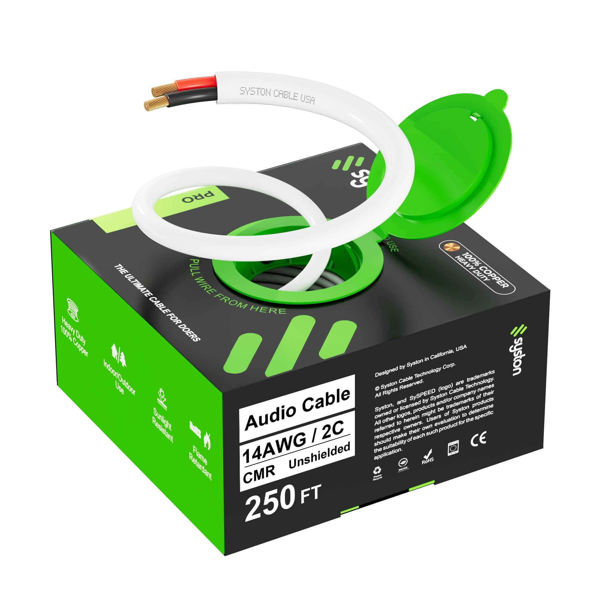 SYSTON CABLE TECHNOLOGY 14/2 Stranded OFC Audio Cable, UL/ETL CL3R/FT4/CMR 14 Gauge 2 Conductors ...