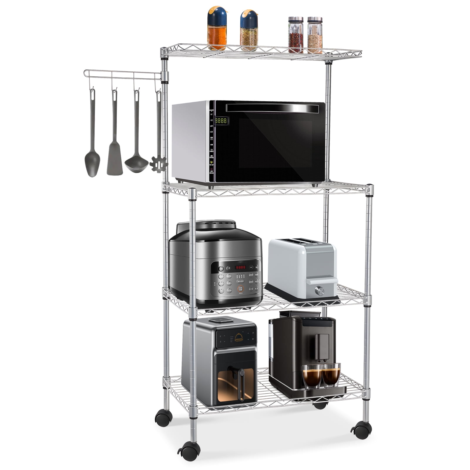SYTHERS 4-Tier Microwave Stand with Wheels, Kitchen Metal Bakers Rack ...