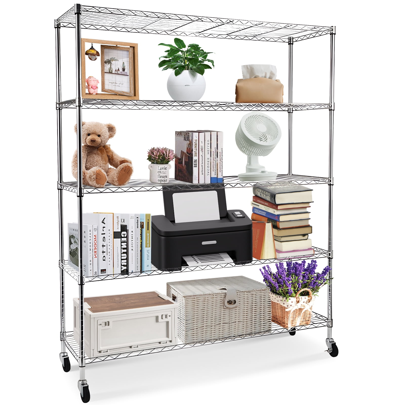SYTHERS 5 Tier Heavy Duty Wire Shelving Unit with Wheels, 59 x 18 x 70 ...