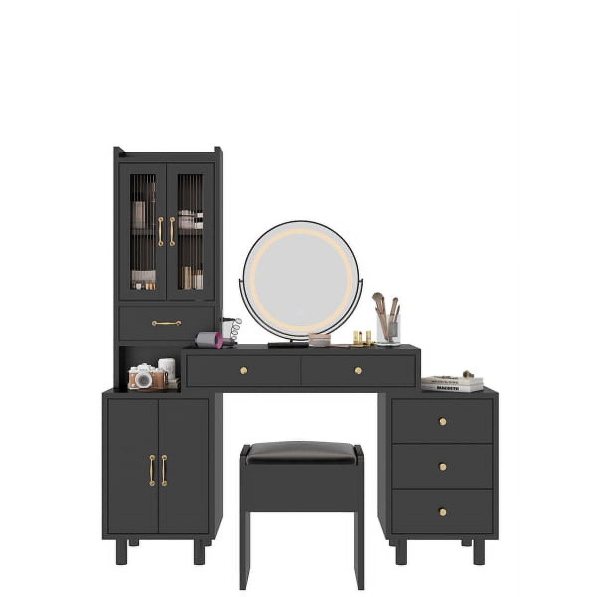 SYTHERS Dressing Table with LED Lighted Round Mirror, 6 Drawer Vanity ...