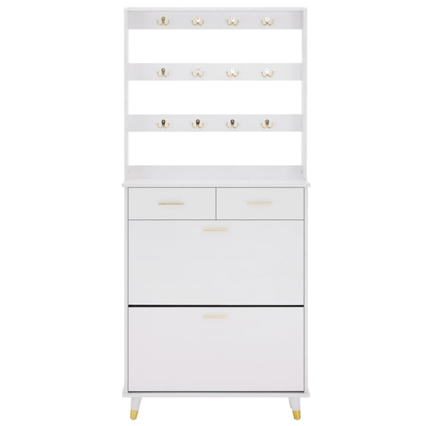 SYTHERS Entryway Wardrobe Armoire Closet with 12 Hooks & 2 Drawers & 2 ...