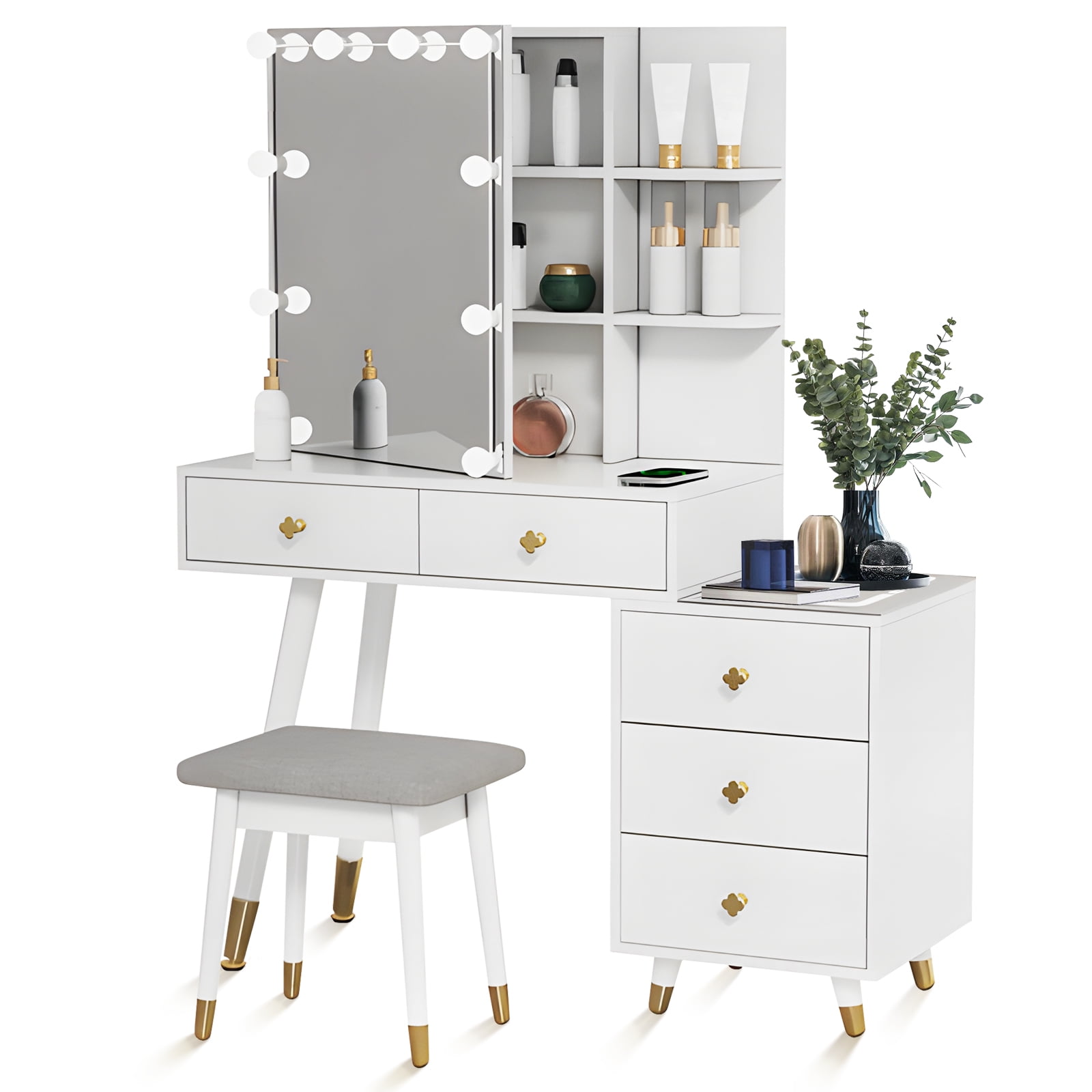 SYTHERS Makeup Vanity Desk with LED Lighted Mirror, Vanity Set Dressing ...
