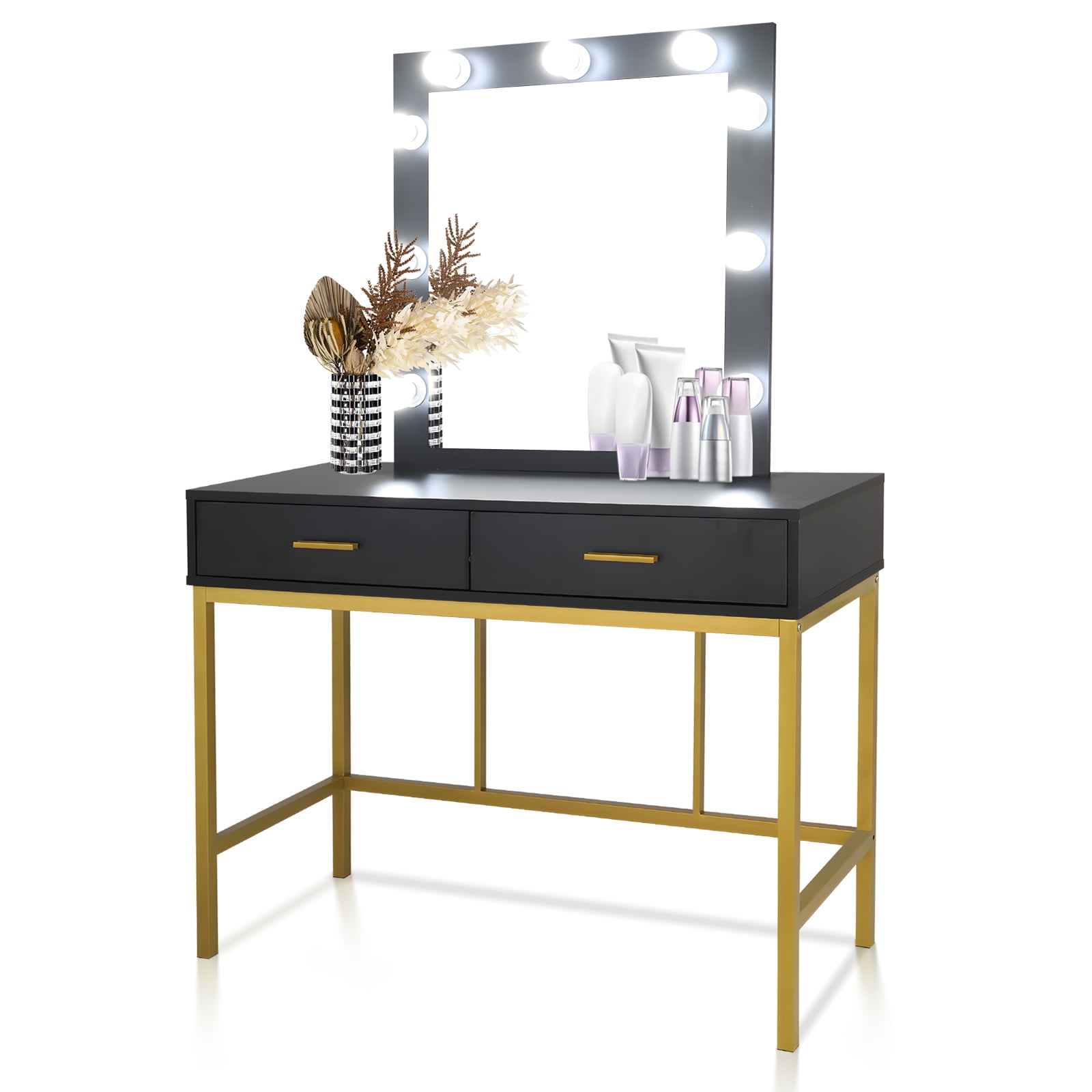 Sythers Makeup Vanity Table Set, Black Desk with LED Mirror, 2 Storage ...