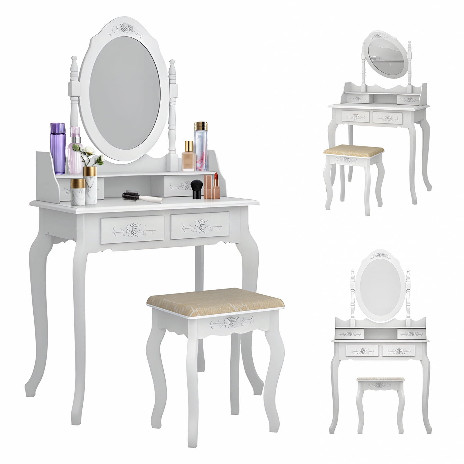 SYTHERS Vanity Table Set, Rotating Mirrors, 4 Drawers, Multifunctional ...