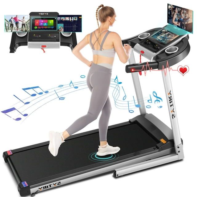 "SYTIRY Foldable Treadmill with 10"" HD Touchscreen, 3.25HP, 3D Virtual ...