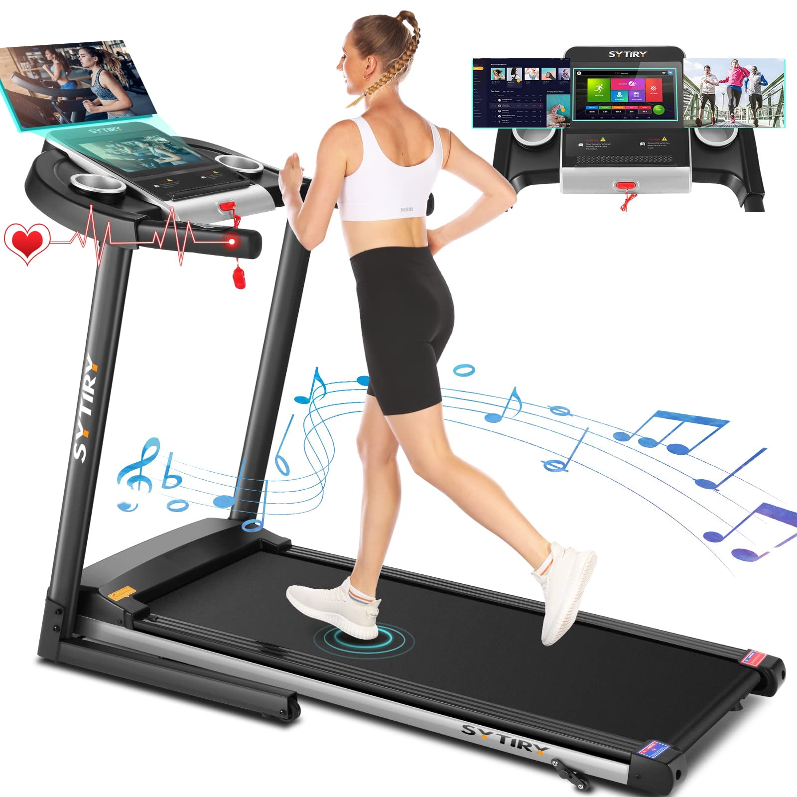 SYTIRY Treadmill with 10" HD TV Movie Touchscreen and 3D Virtual Sports ...