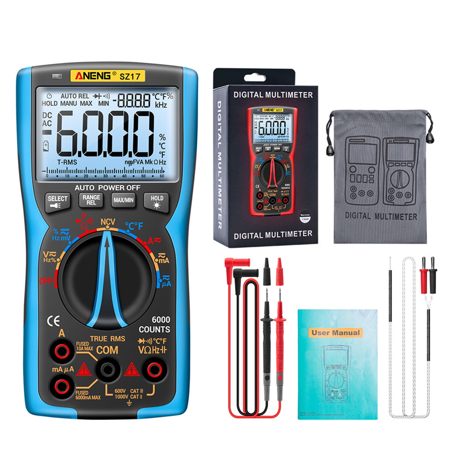 SZ17 Smart Digital Multimeter 6000 Counts True RMS Auto-ranging LCD ...