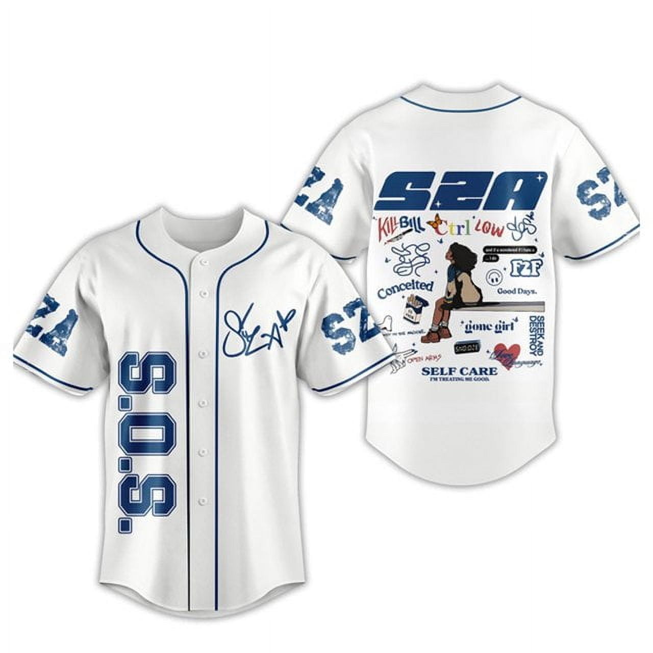SZA SOS Merch Jersey Baseball White Shirt V-Neck Short Sleeve Tee 2023 ...