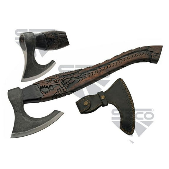 SZCO 22" Ragnarok Bearded Axe with Dragon Carved Ash Wood Handle, Stainless Steel Forged Blade ...