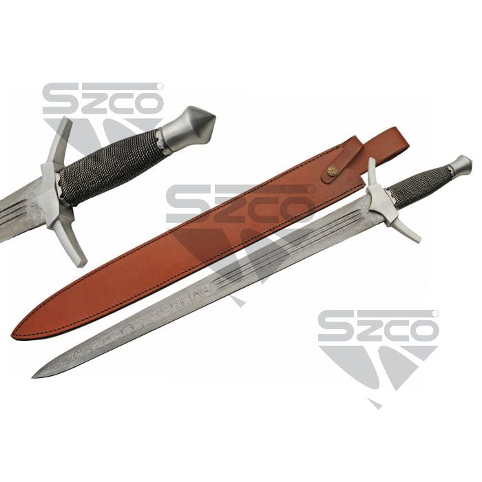 SZCO 25" Short Sword Hand-Forged Damascus Steel Blade Wire-Wrapped ...