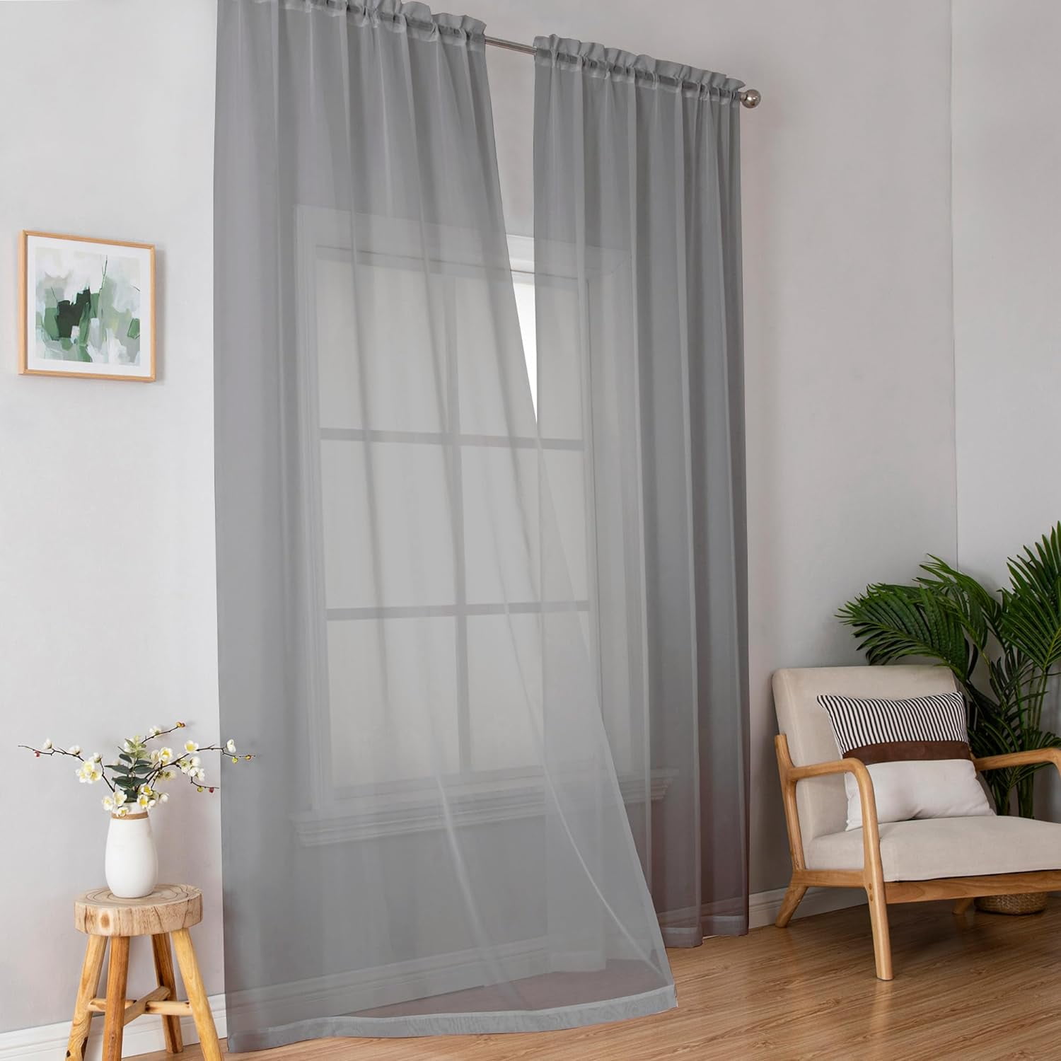 SZCOAO-Grey Sheer Curtains 96 Inches Long, Light Filtering Rod Pocket ...